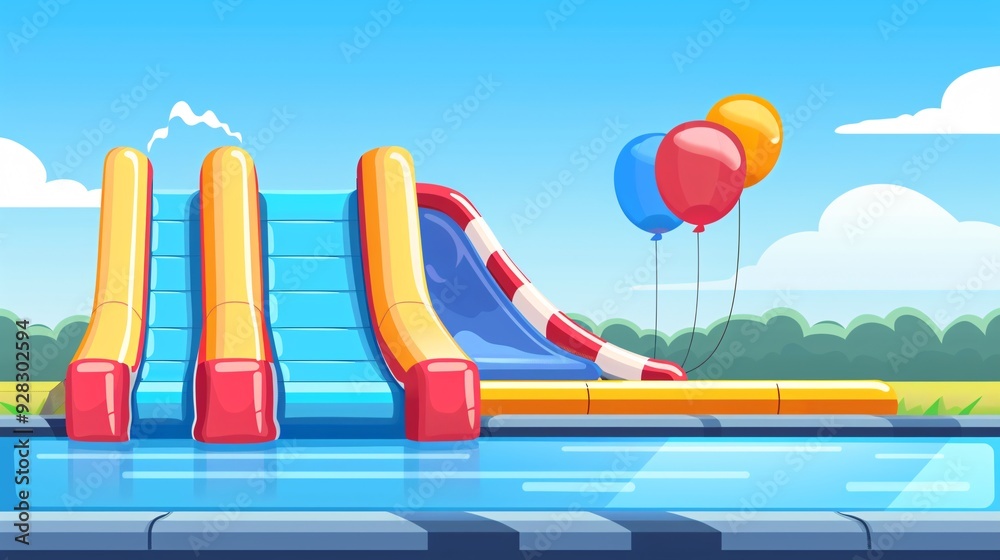 A blow-up bounce slide with a rectangular pool and cartoon characters ...