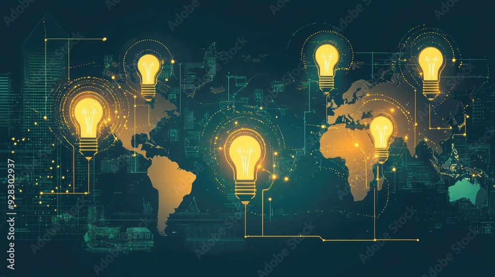 Illustration of a world map with light bulbs popping up from key ...