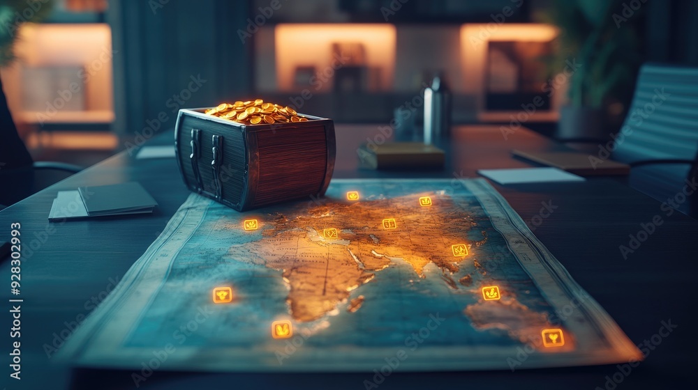 A surreal scene of a treasure map unfurling across a sleek, modern ...