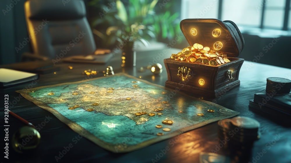 A surreal treasure map unfurls across a modern boardroom table, with ...