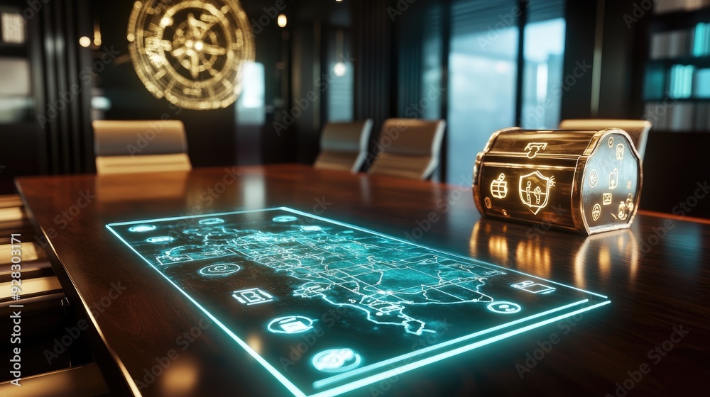 A treasure map unfurls on a sleek boardroom table, with glowing icons ...