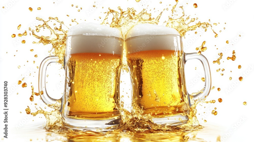 Two frosty beer mugs collide in a celebratory toast, creating a dynamic ... Two frosty beer mugs collide in a celebratory toast, creating a dynamic ...
