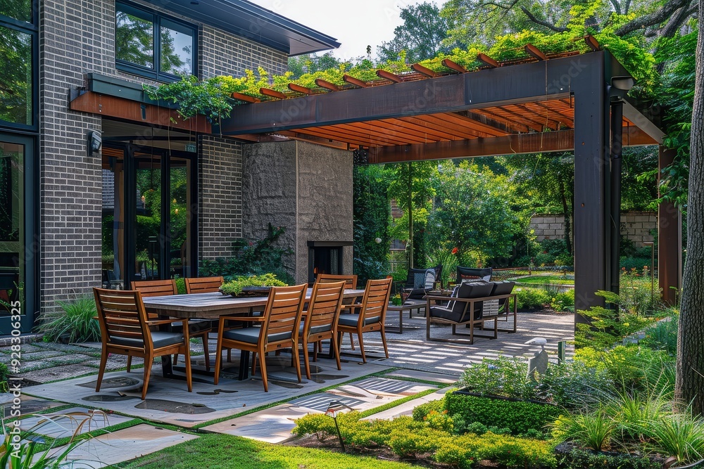 Mid-century modern outdoor dining area with L-shaped wooden pergola ...
