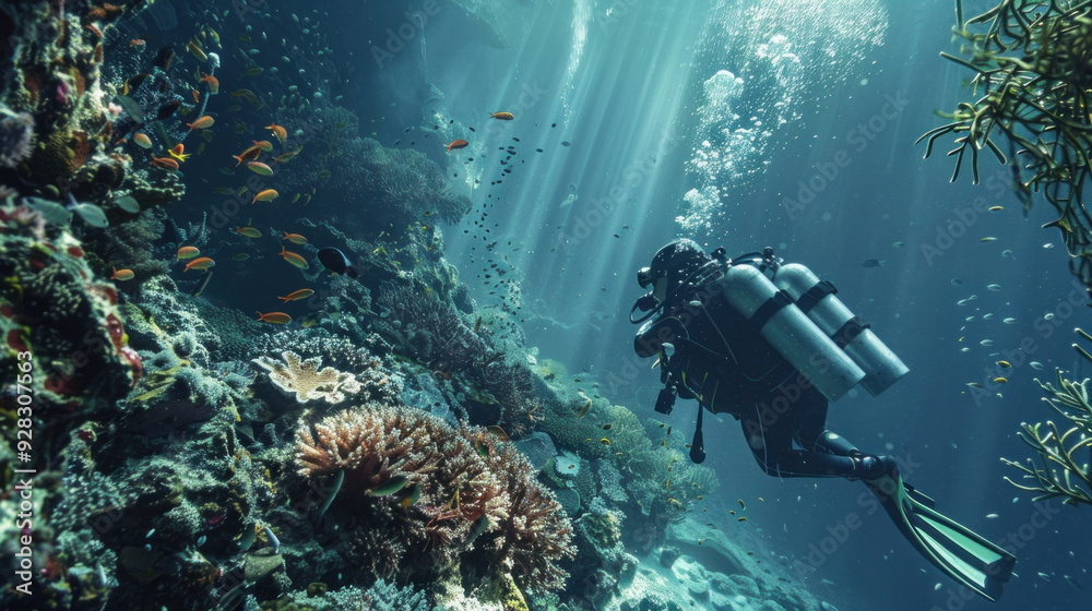 Scuba diving to see coral reefs under the deep sea, Stock Photo | Adobe ...