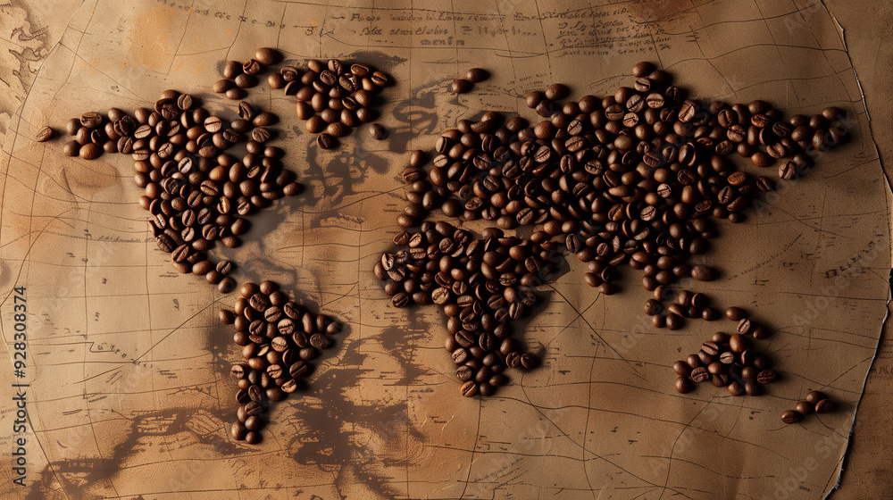 Coffee beans arranged on an old world map to form the outlines of ...