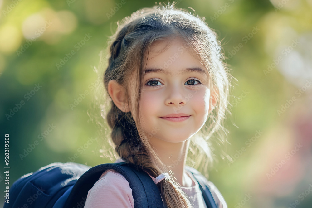 young girl with long brown hair and a backpack is smiling for the ...