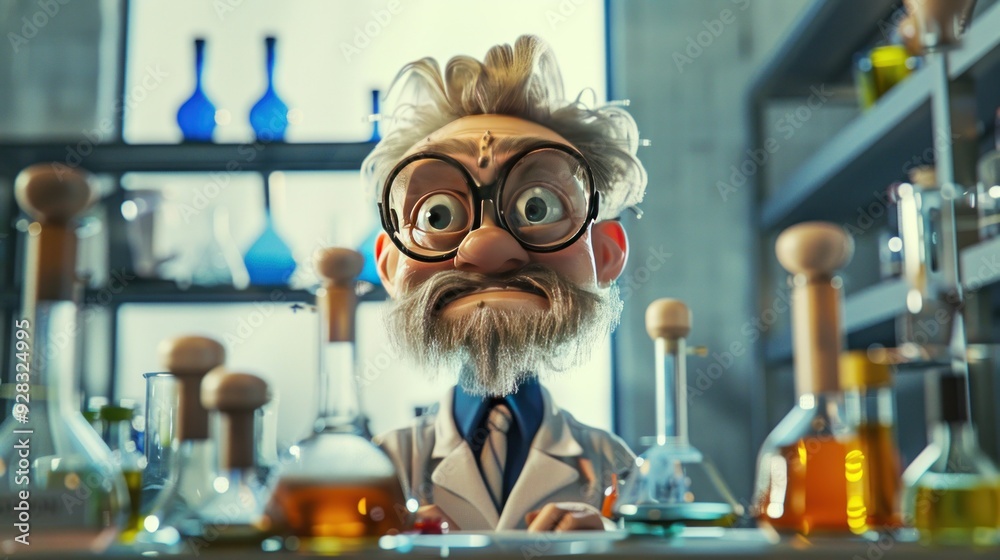 Cartoon character of a crazy scientist in a science lab. Using AI to ...