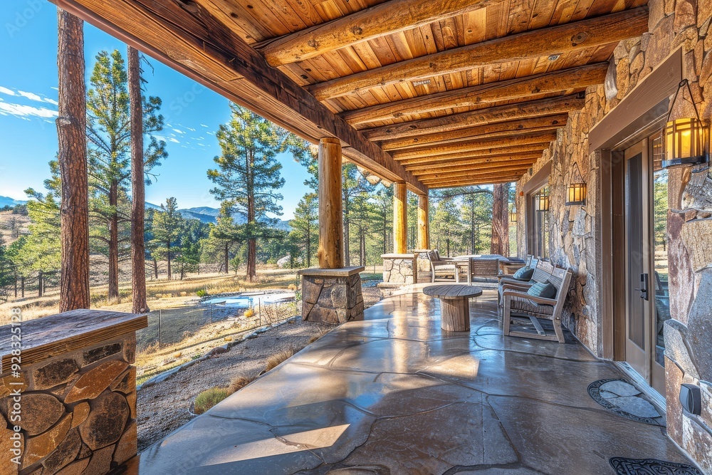 Luxurious modern back porch in a Colorado pine forest, featuring stone ...