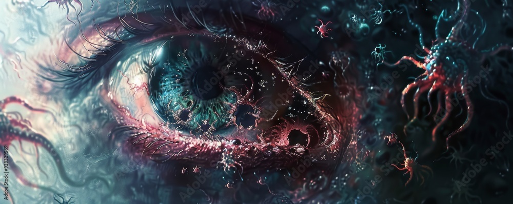 A dark and eerie illustration of a human eye magnified, showcasing a ...