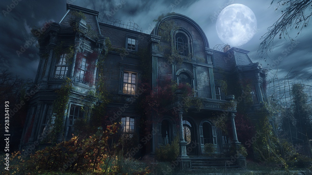 Spooky victorian haunted house with vines covering its walls ...