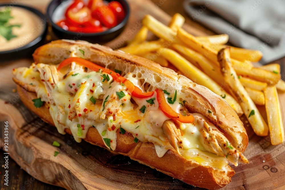 Cheesy chicken submarine sandwich with fries and veggies Stock Photo ...