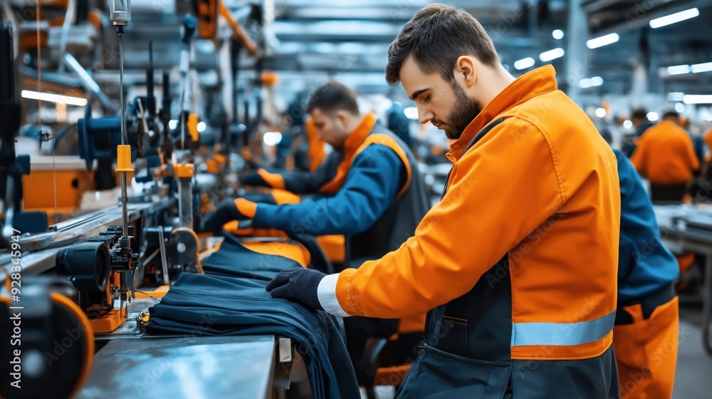 Factory workers in orange and blue uniforms operating industrial sewing ...