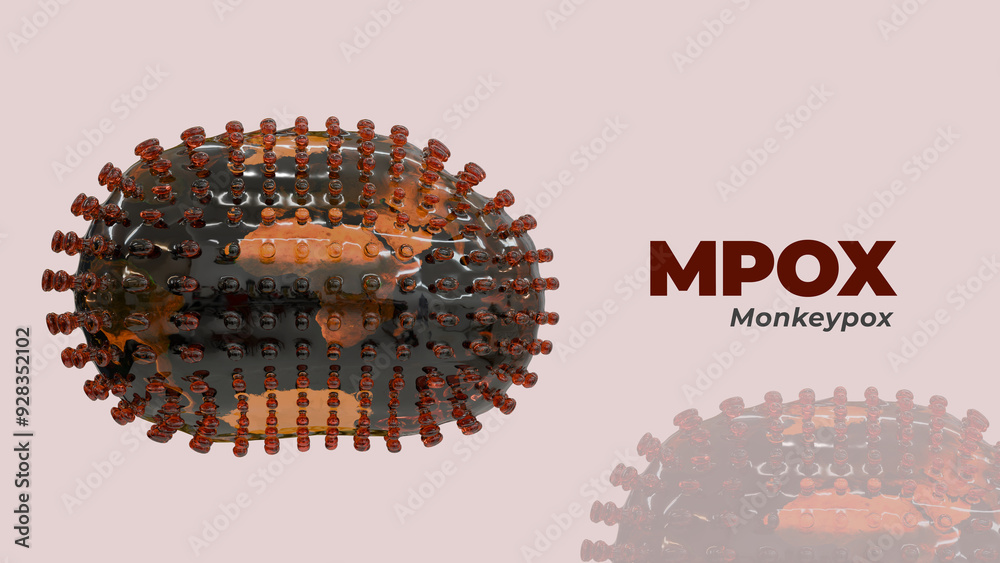 Mpox (Monkeypox) virus structure with dotted proteins. News banner 3d ...