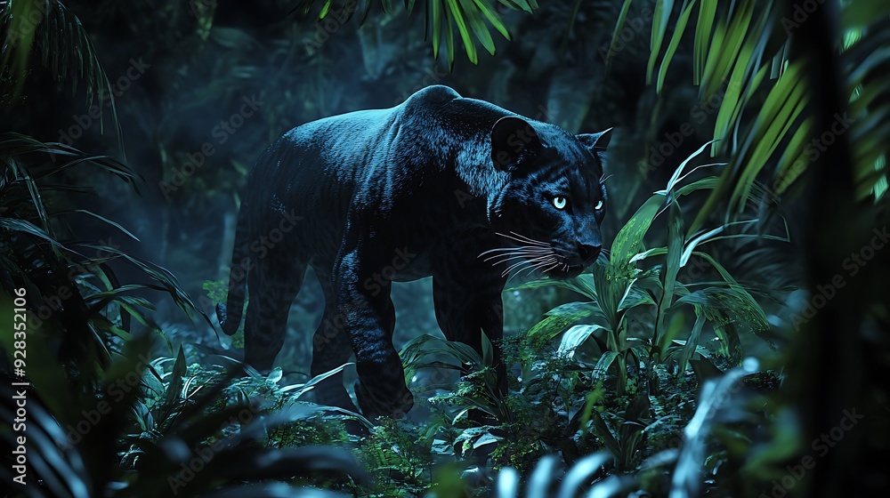 Photorealistic image of a sleek panther stealthily moving through a ...