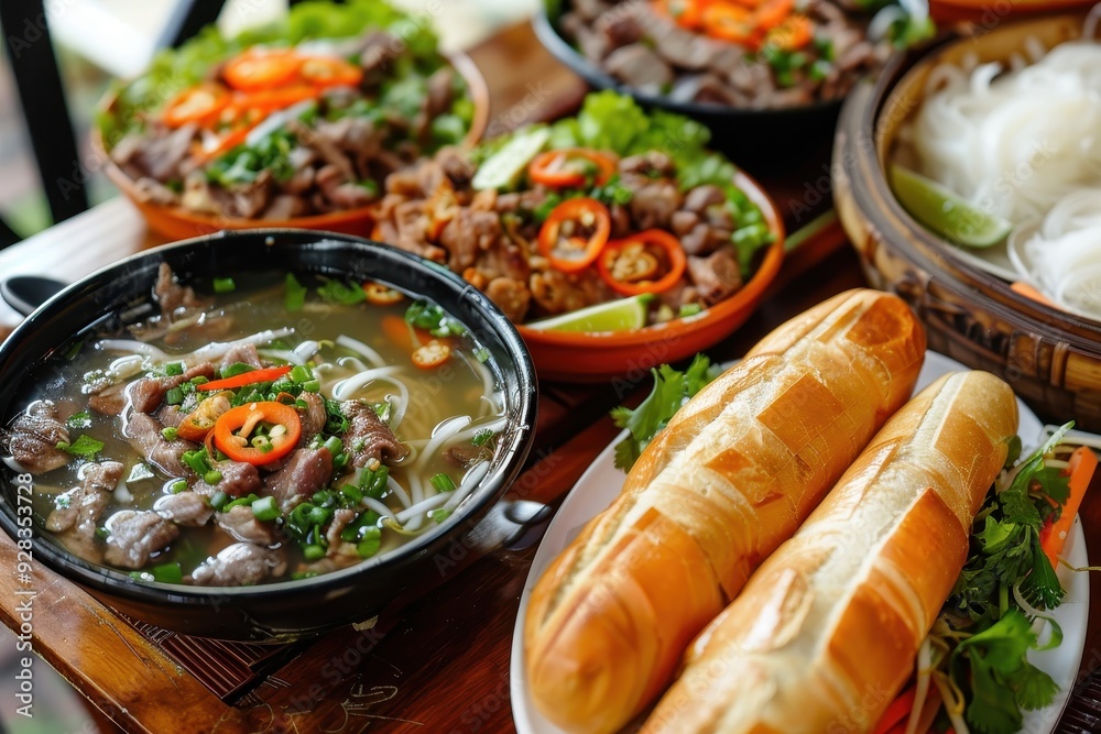 Classic Vietnamese dishes pho bo banh mi bo and nem song Stock Photo ...