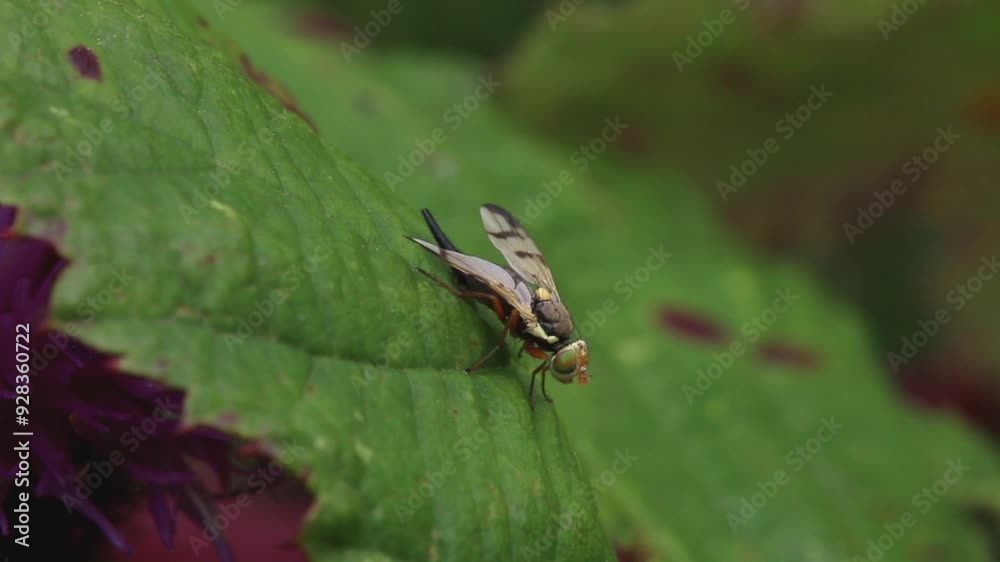 A Knapweed Gall Fly, Urophora sp. resting on a leaf. Powys. Wales. UK ...