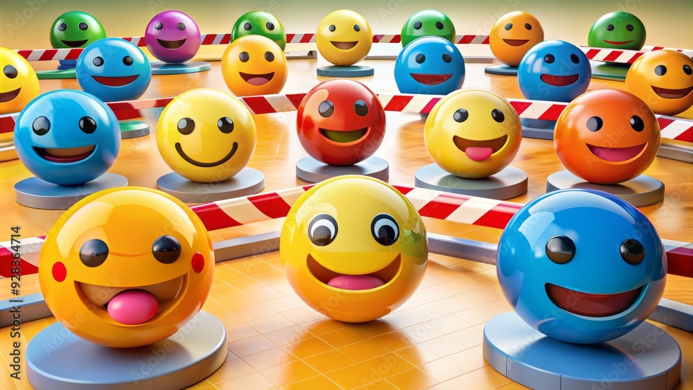 Colorful emoticon faces, each surrounded by a circular barrier, convey ...