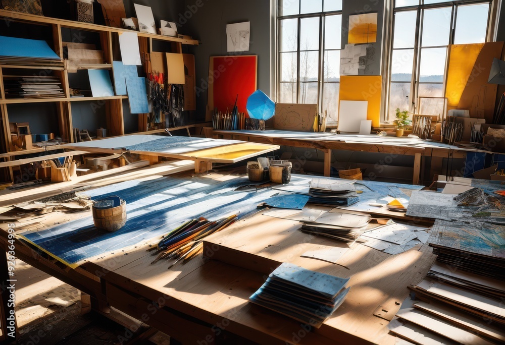 detailed blueprints creative sketches spread across workspace tools ...