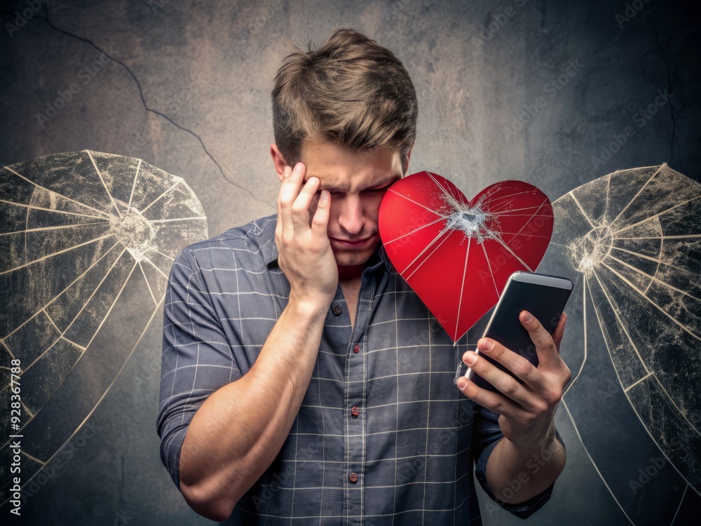 Distraught young man covering his face, surrounded by shattered phone ...