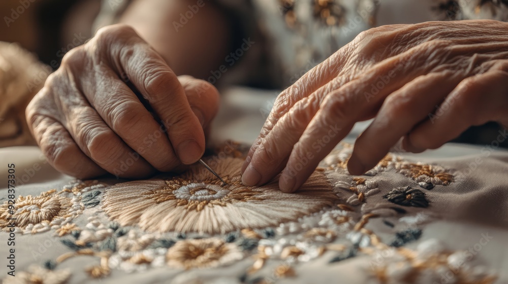 Close-up of hands embroidering a detailed design on fabric, the needle ...