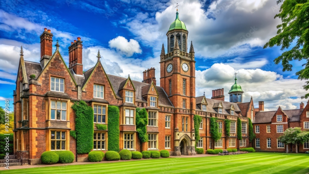 Historic brick façade of a traditional British university building with ...