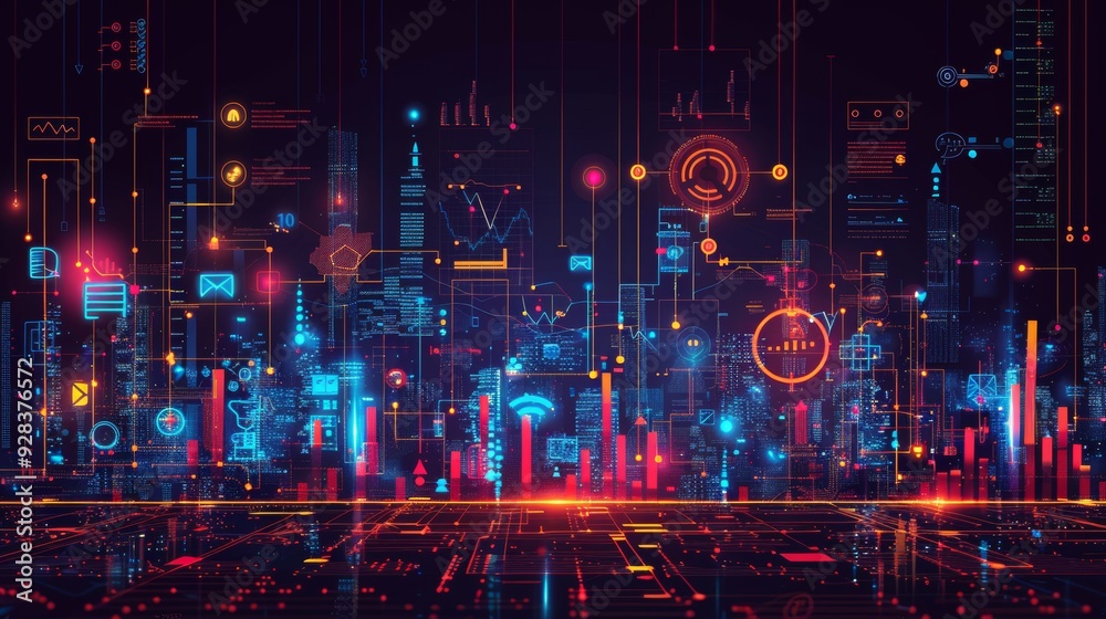 Cartoon vector visualization of data analytics and information flow ...