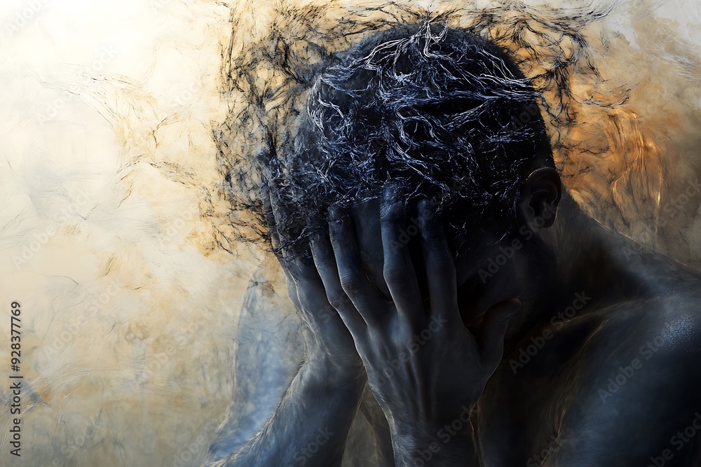 A depiction of the concept of pain, showing a person clutching their ...