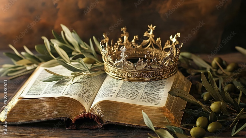 Open Bible with an Elevated Crown Surrounded by Olive Leaves: A ...