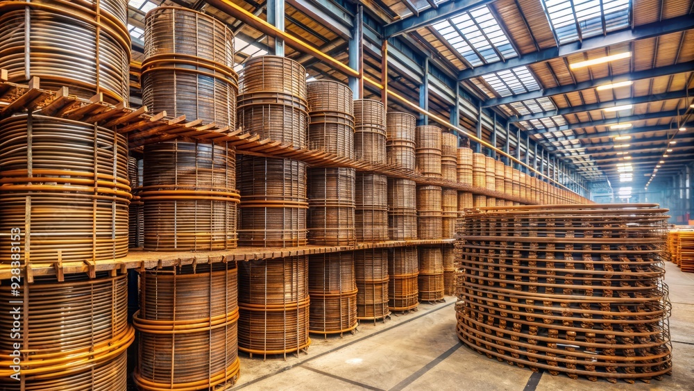 Rustic iron reinforcing bar coils stacked on pallets in a warehouse ...