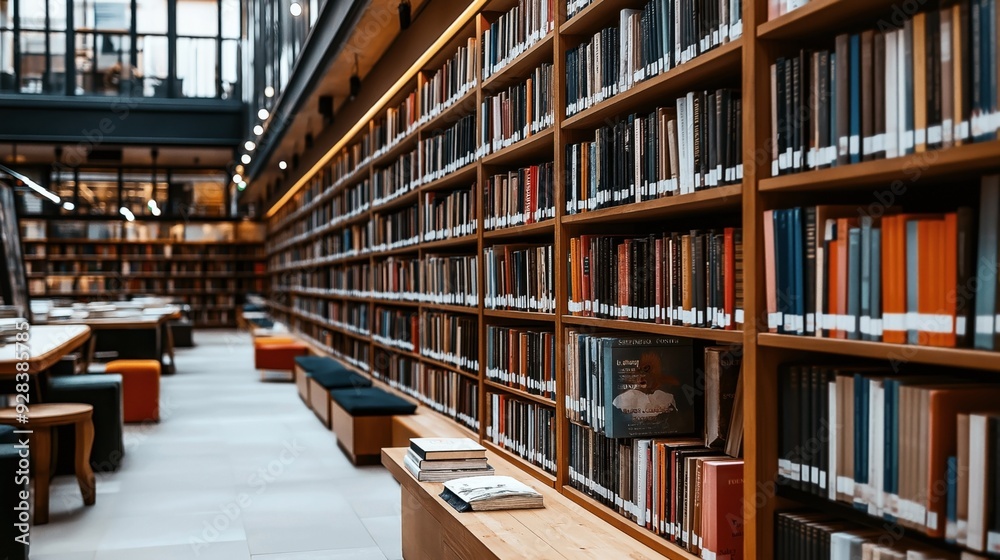 Interior of a modern library with extensive shelves filled with books ...