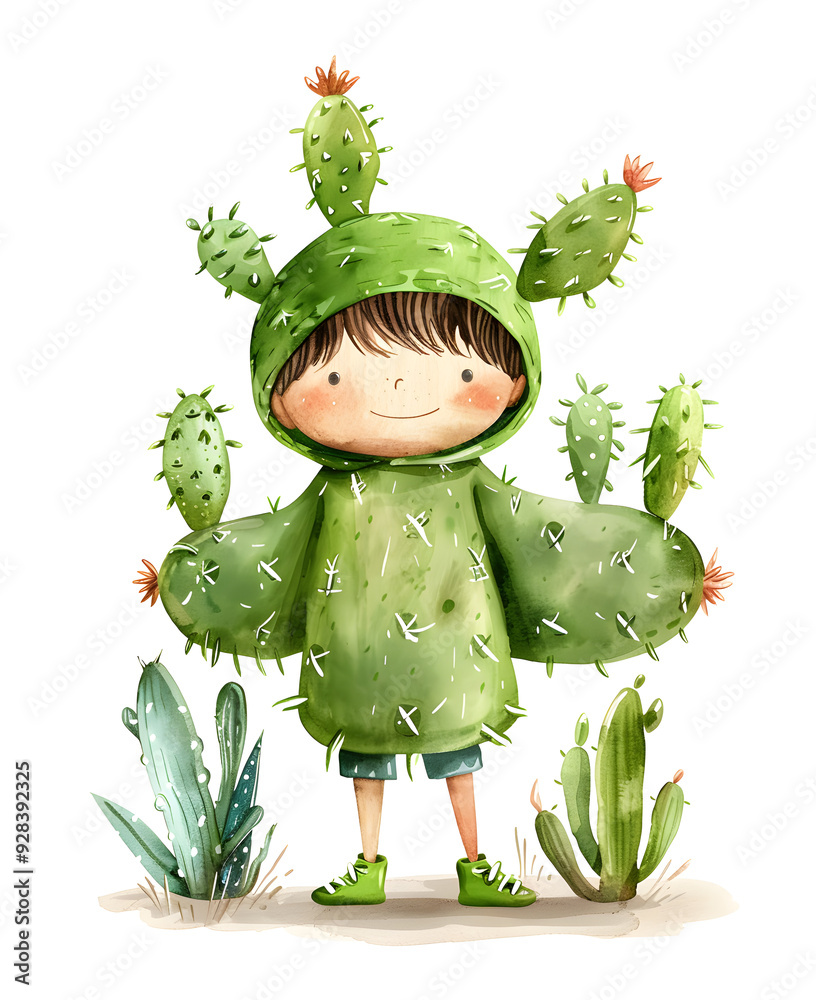 An adorable illustration portrays a boy in a cactus costume, great for ...