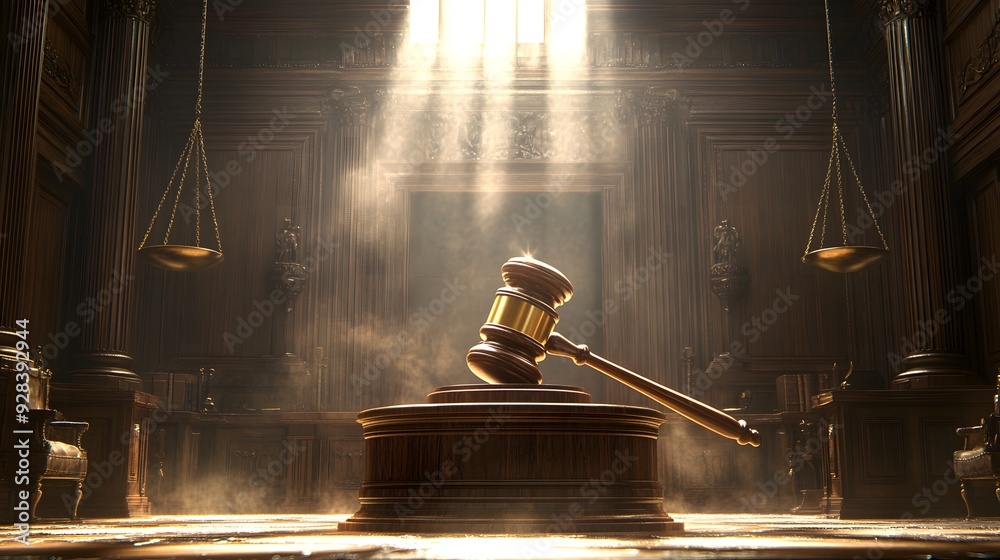 dramatic scene depicting a courtroom with a large wooden gavel poised ...
