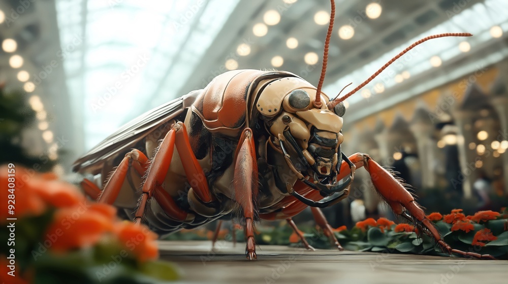 Futuristic robotic insect resembling a cockroach in a modern indoor ...