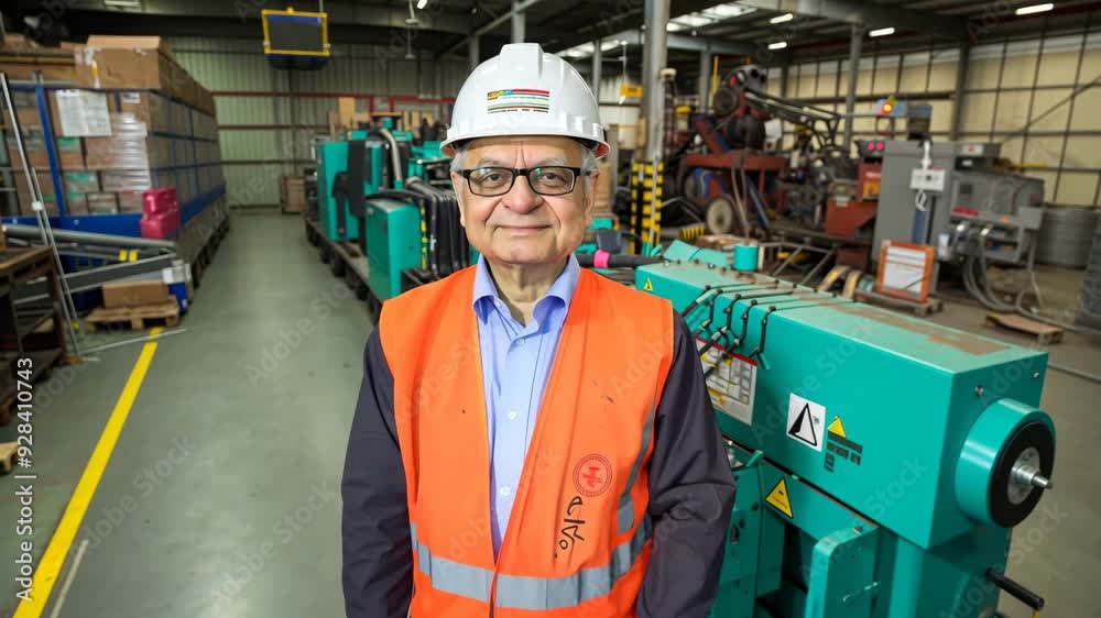 Senior male engineer in a factory, wearing a white hard hat and orange ...