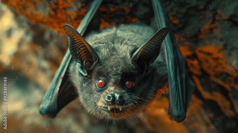A close-up image of a bat with red eyes hanging upside down in a cave ...