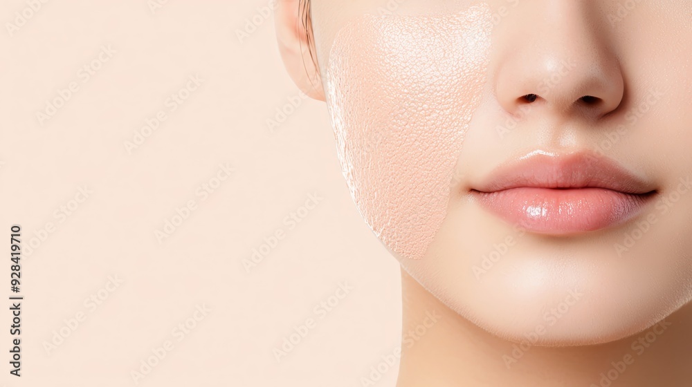 Close-up of a woman's face with a natural glow, showcasing healthy skin ...
