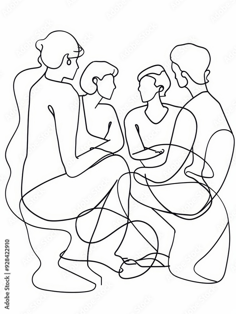 A continuous line drawing depicts four individuals in a circular ...