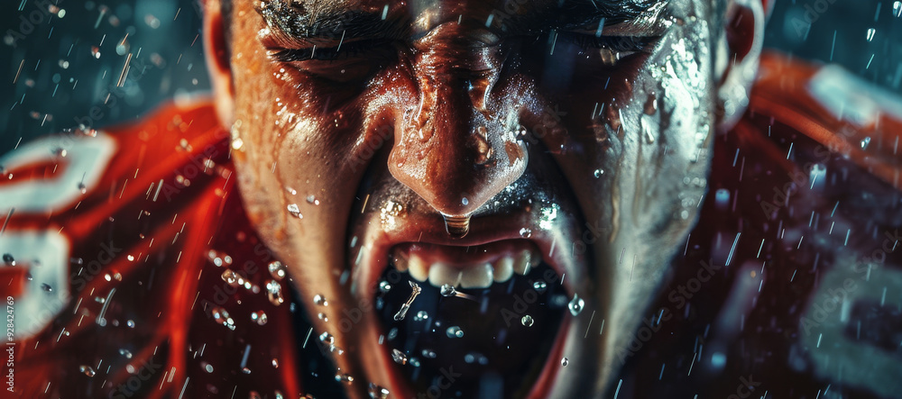 A football player in a red jersey is yelling with determination in the ...