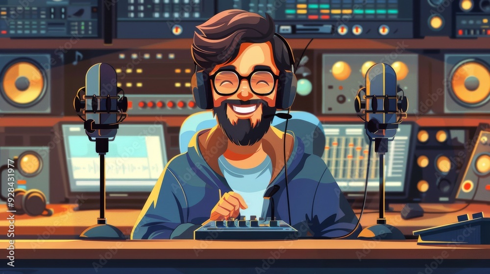 Cartoon vector radio host broadcasting live from a radio station Stock ...
