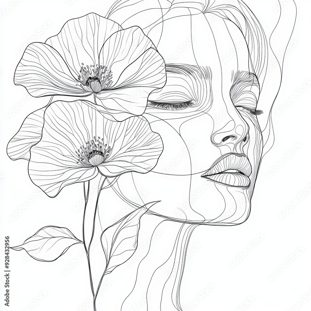 Women and flowers line art. Girl with flowers and leaves one line ...
