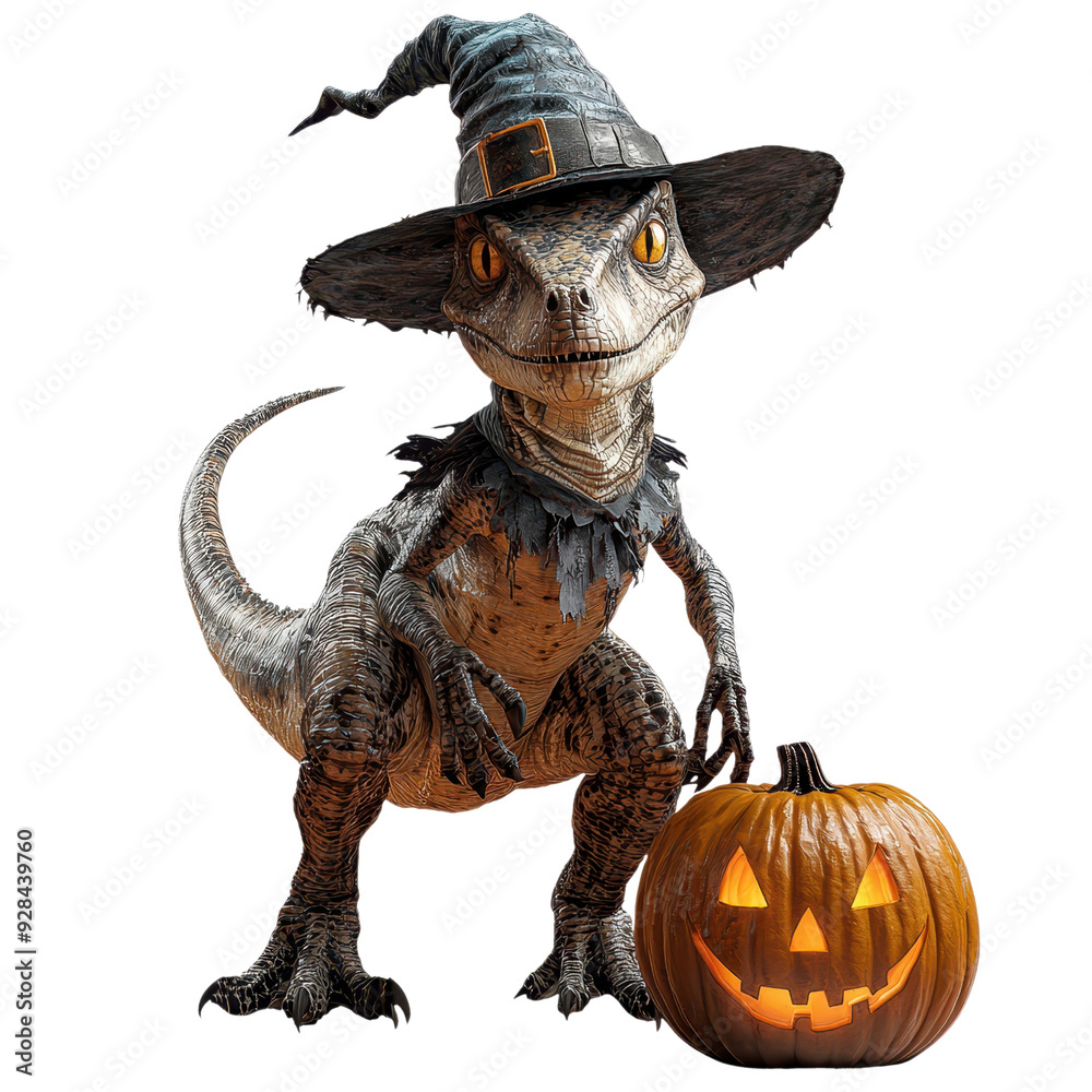 Velociraptor wearing tattered black witch hat and cape holding jack-o ...