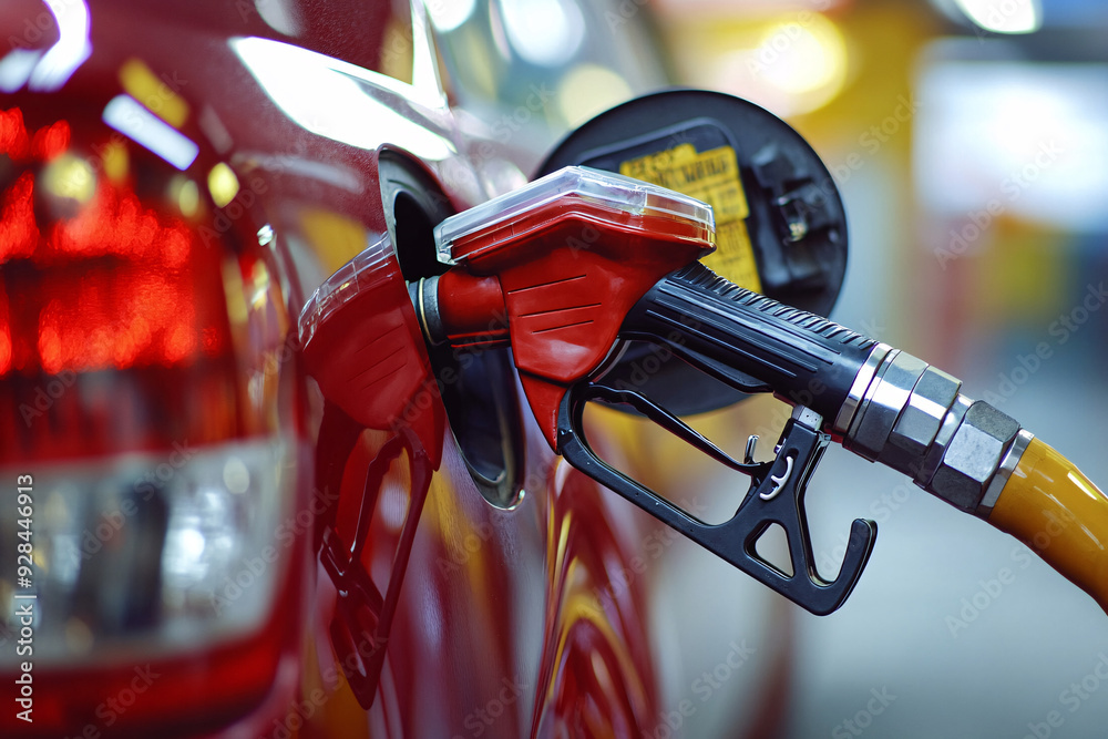 gasoline nozzle inserted into a red car's fuel tank with blurred ...