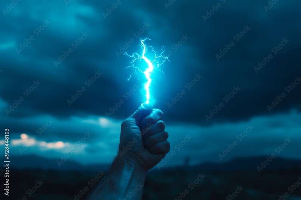 Hand holding up a lightning bolt. Energy and power. Stormy background ...