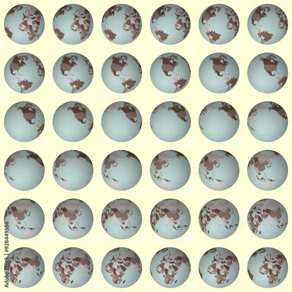 Collection of earth globes. Slanted sphere view. Rotation step 10 ...