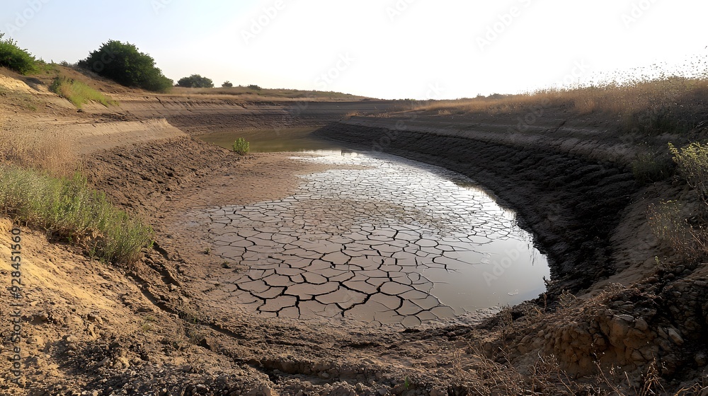 empty reservoir with a cracked, dry basin. The water level has receded ...