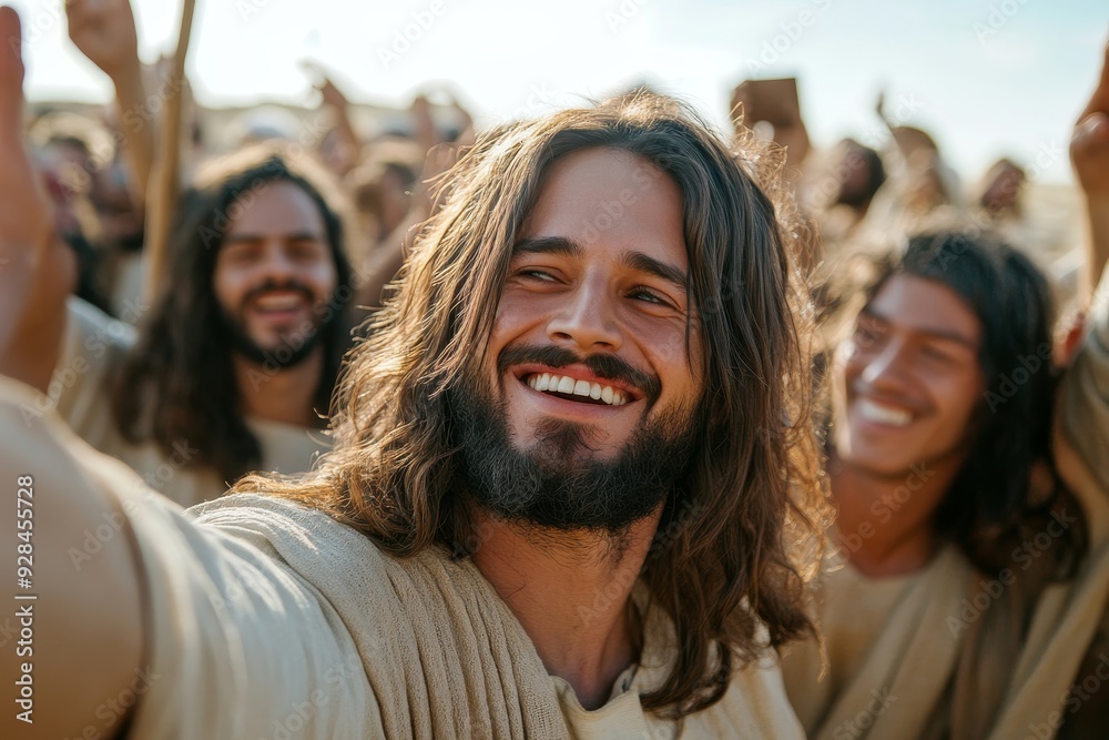 Jesus, portrait and selfie with religious group in photography, memory ...