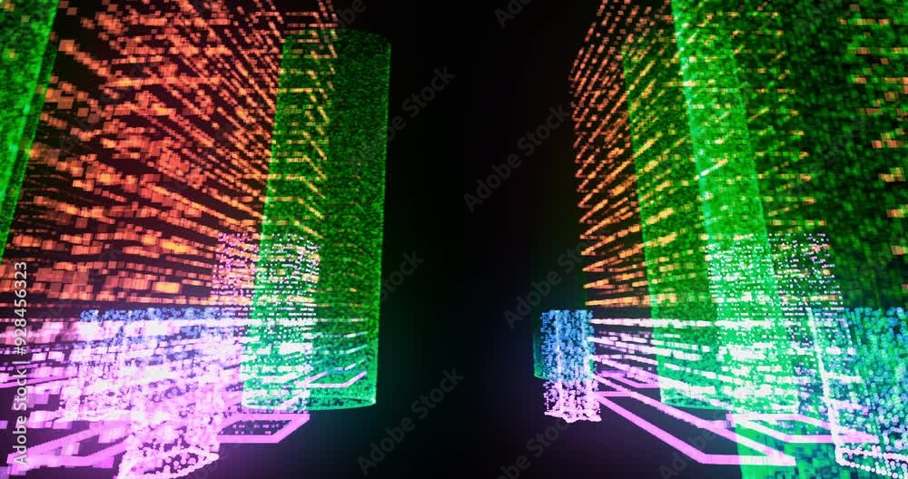 Digital neon City seamless loop. Abstract 3D hologram render with futuristic matrix. Moving ...