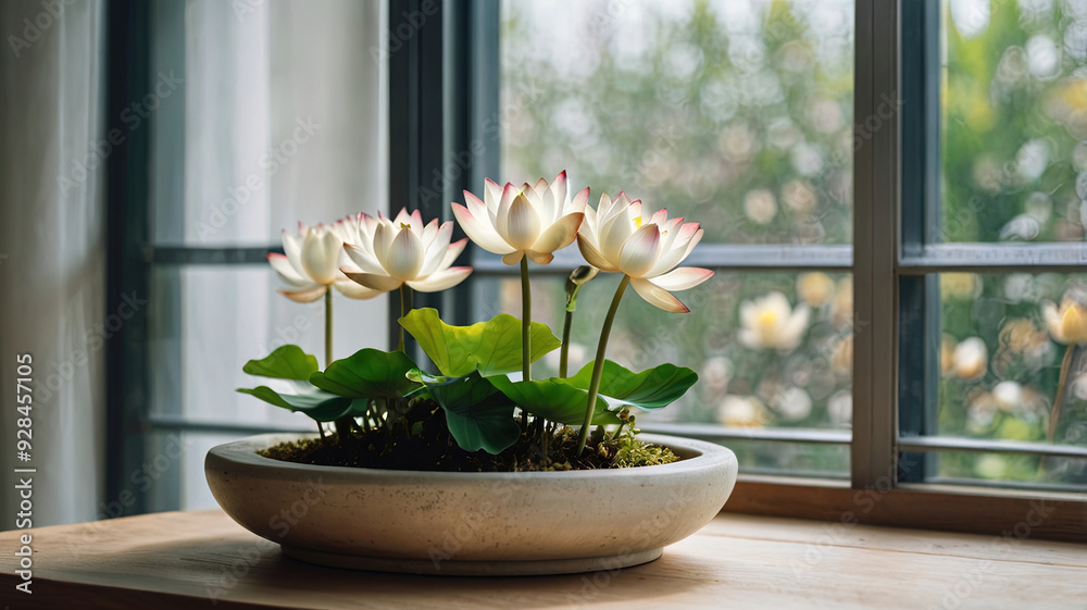 Potted of white Lotus flowers in on the windowsill in the house, are of ...