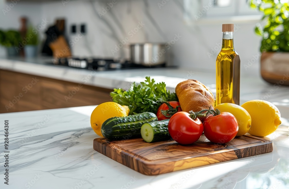 Modern white kitchen with wood accents, marble countertop, wooden ...
