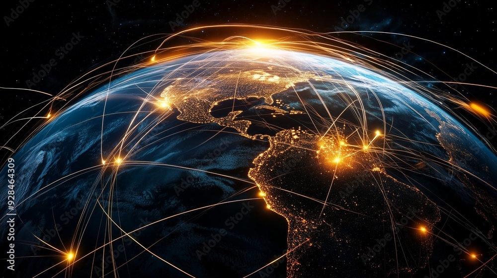 Earth with overlaid economic zones and trading routes, [global economy ...